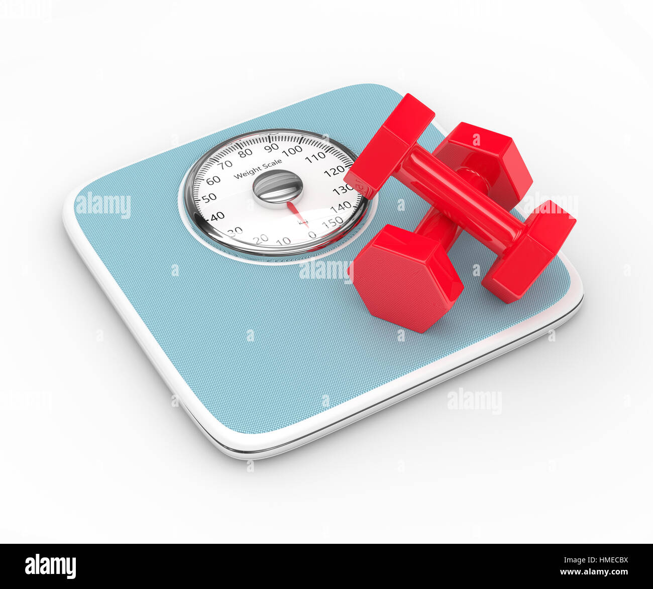 3d rendering of weight scale and dumbbells isolated over white ...
