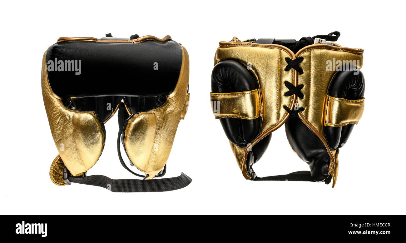 Protective boxing leather helmet head gear isolated on white. Safety ...