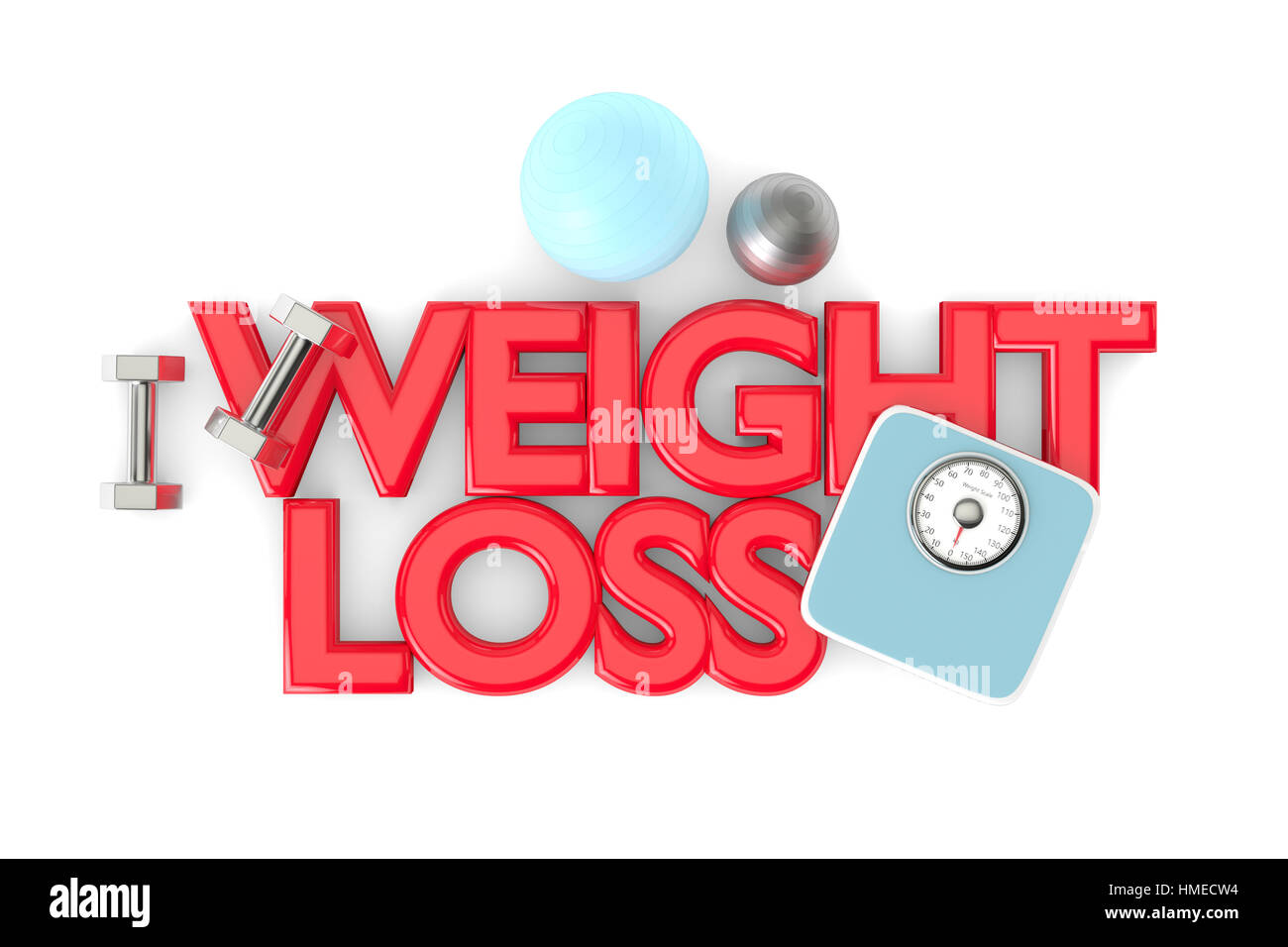 3d rendering of weight loss text with dumbbells, weight scale and ...