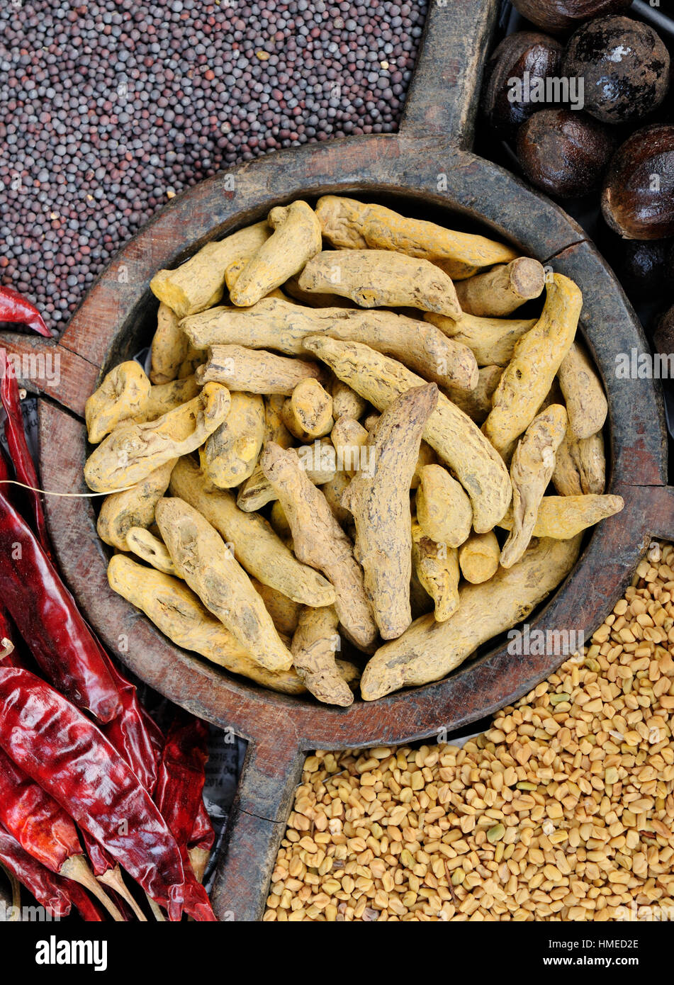 Indian Colorfully Spice. Hot red pepper, ginger, pepper Stock Photo - Alamy