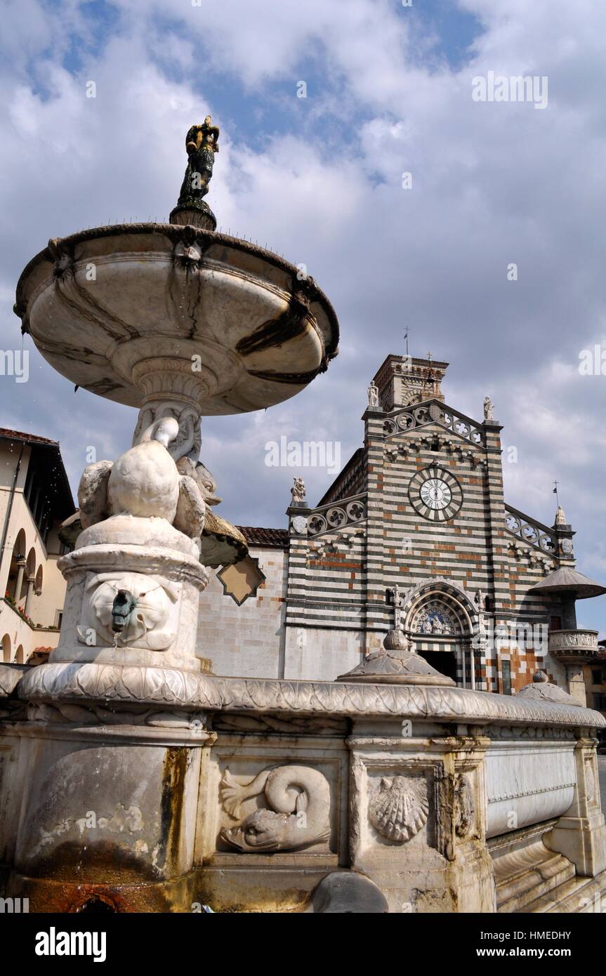 Prato, Italy, fountain in Piazza del Duomo, with the Cathedral of Santo ...