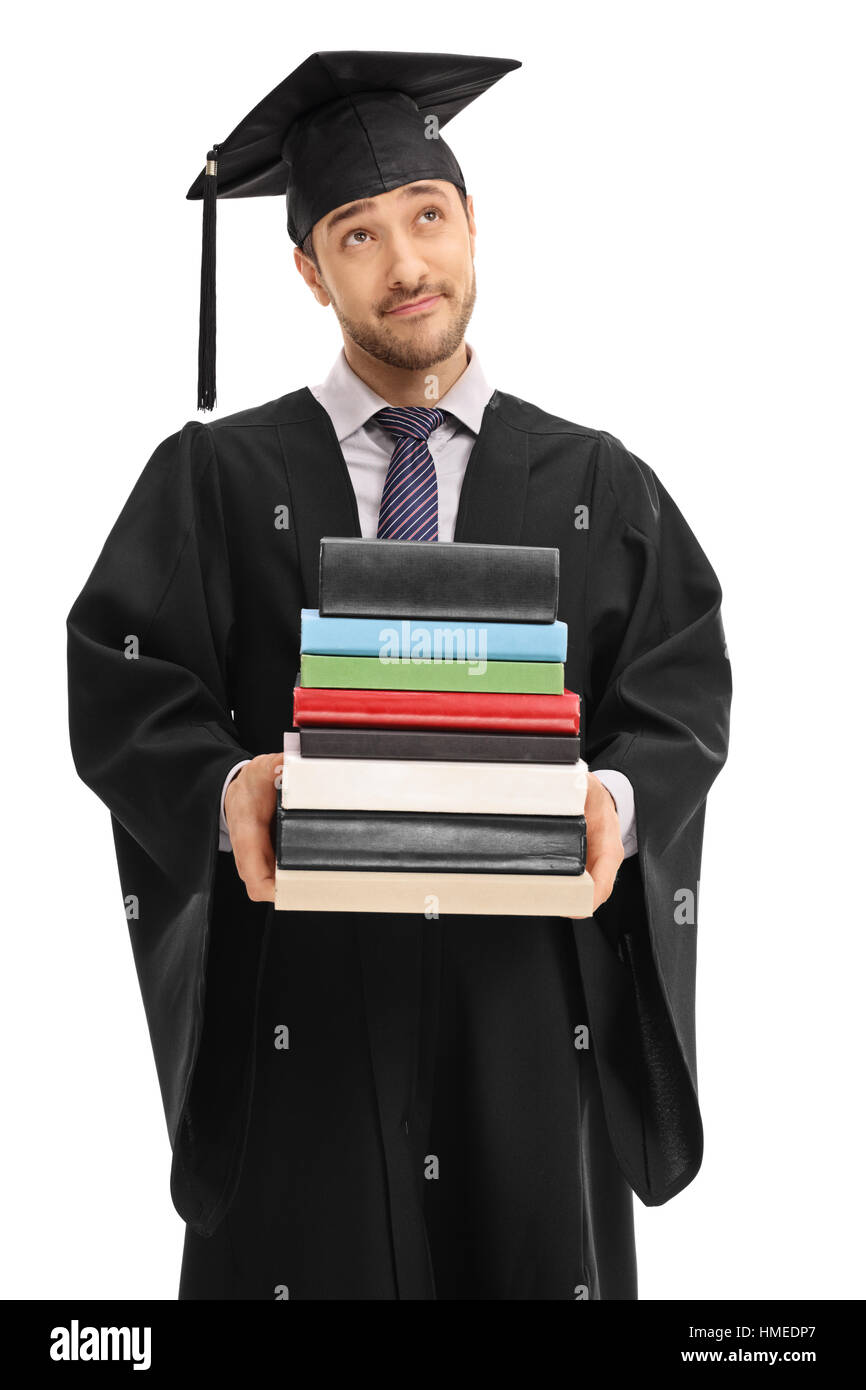 Pensive graduate student holding a stack of books isolated on white ...