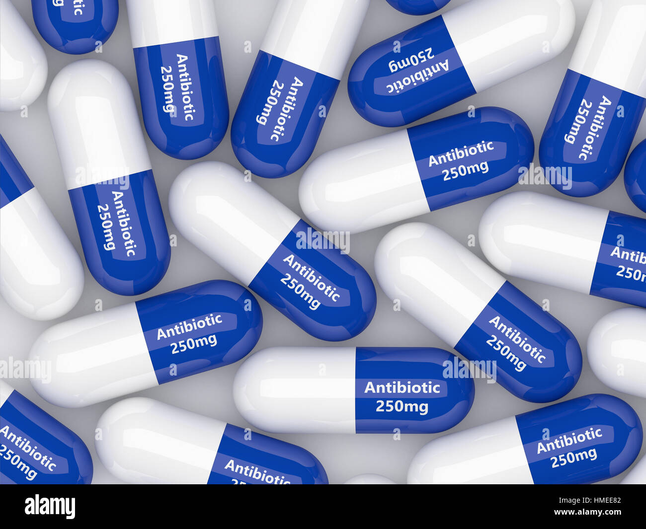3d rendering of white and blue antibiotic pills seen from above Stock ...