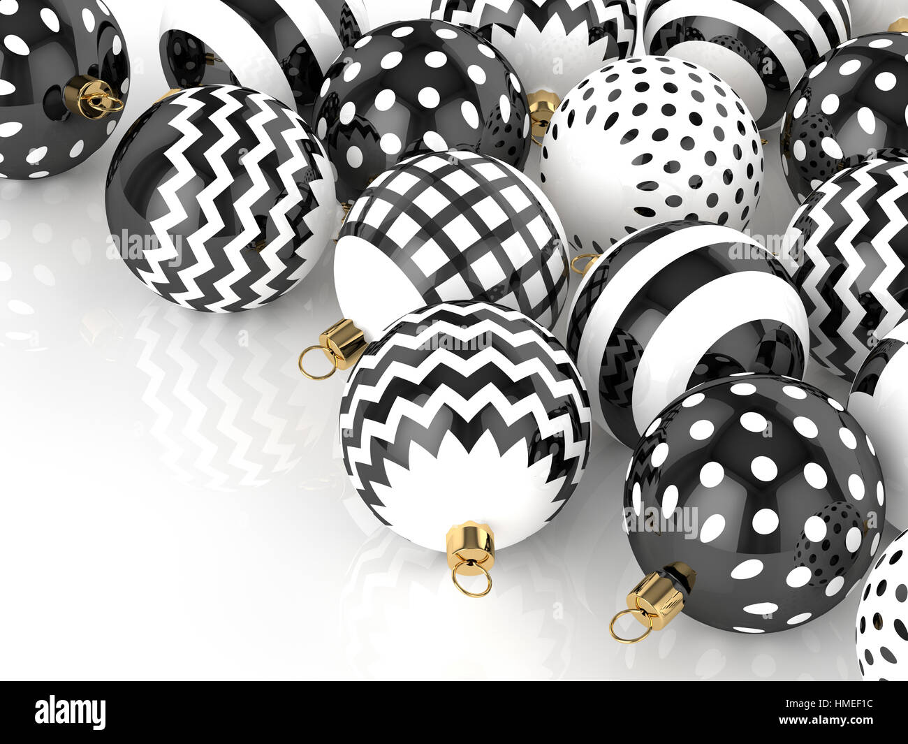 3d rendering of christmas, black and white baubles on white glossy ...