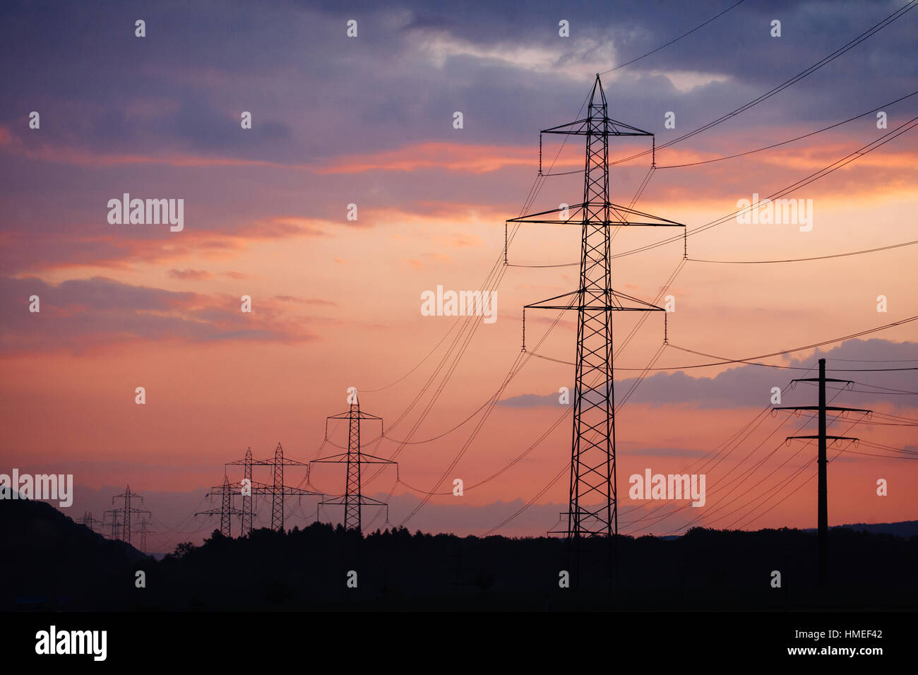 Silhouette of Power Lines during Sunset Stock Photo - Alamy