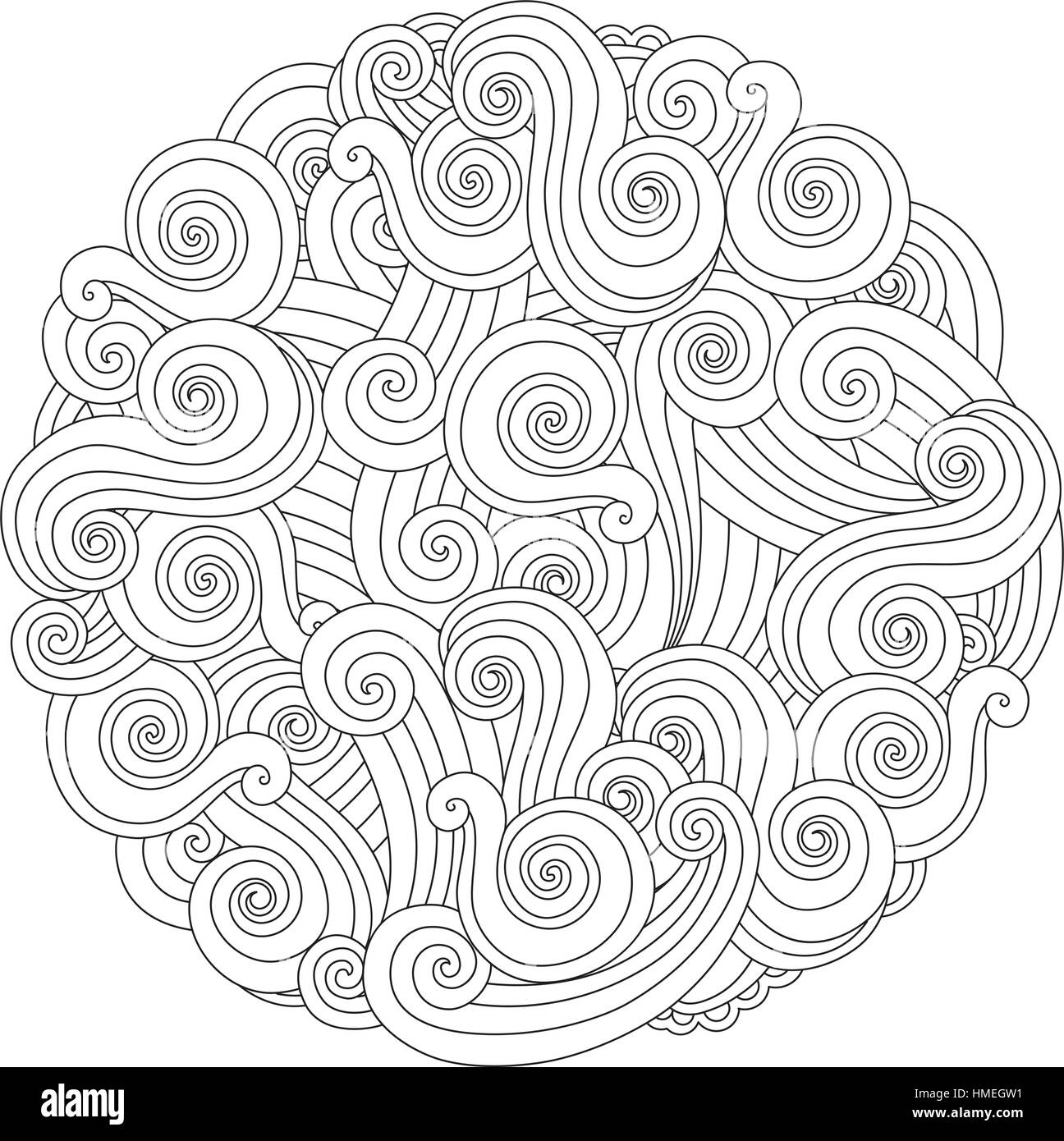 Abstract Round Sea Wave Mandala with curls, swirls, hairs isolated on ...