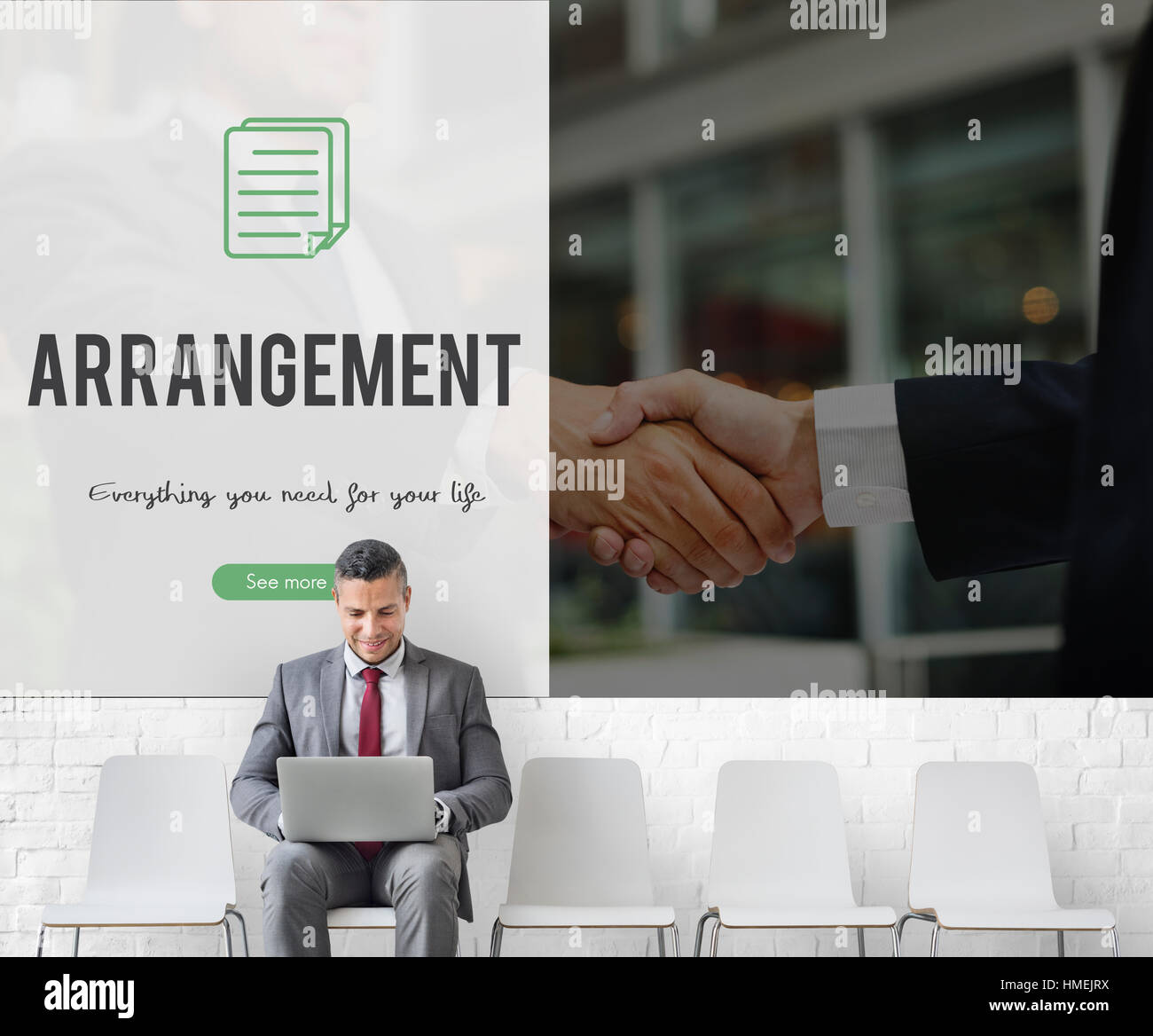 Arrangement word on business handshake background Stock Photo - Alamy