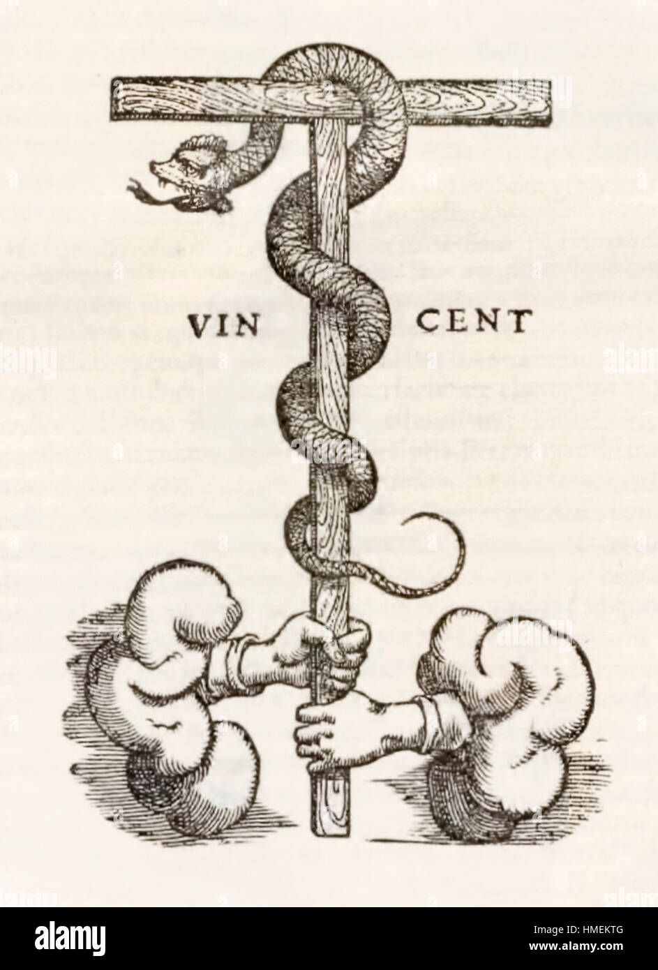 Nehushtan held by two hands emerging from clouds publisher's or printer ...