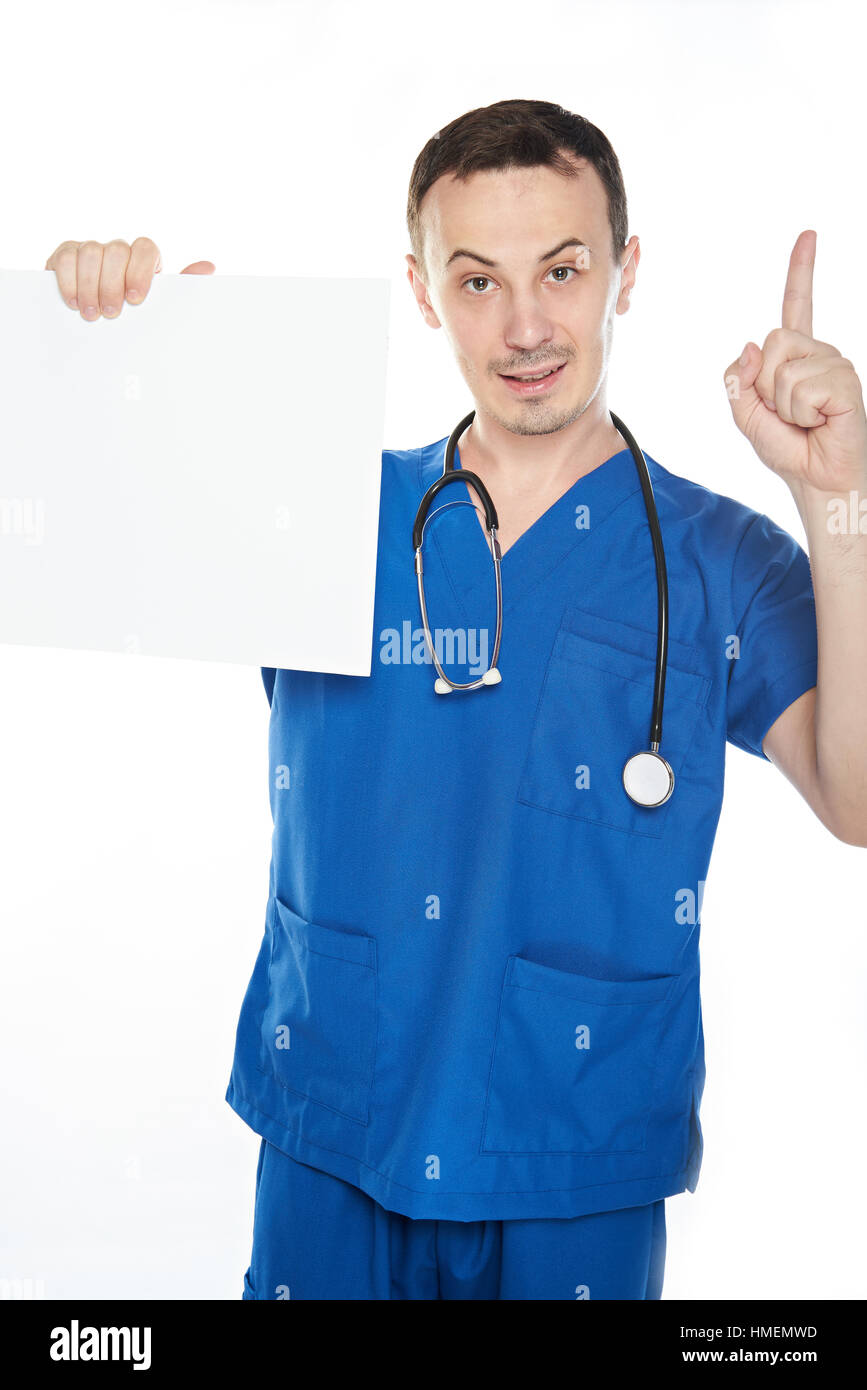 doctor show warning holding white empty board isolated Stock Photo - Alamy