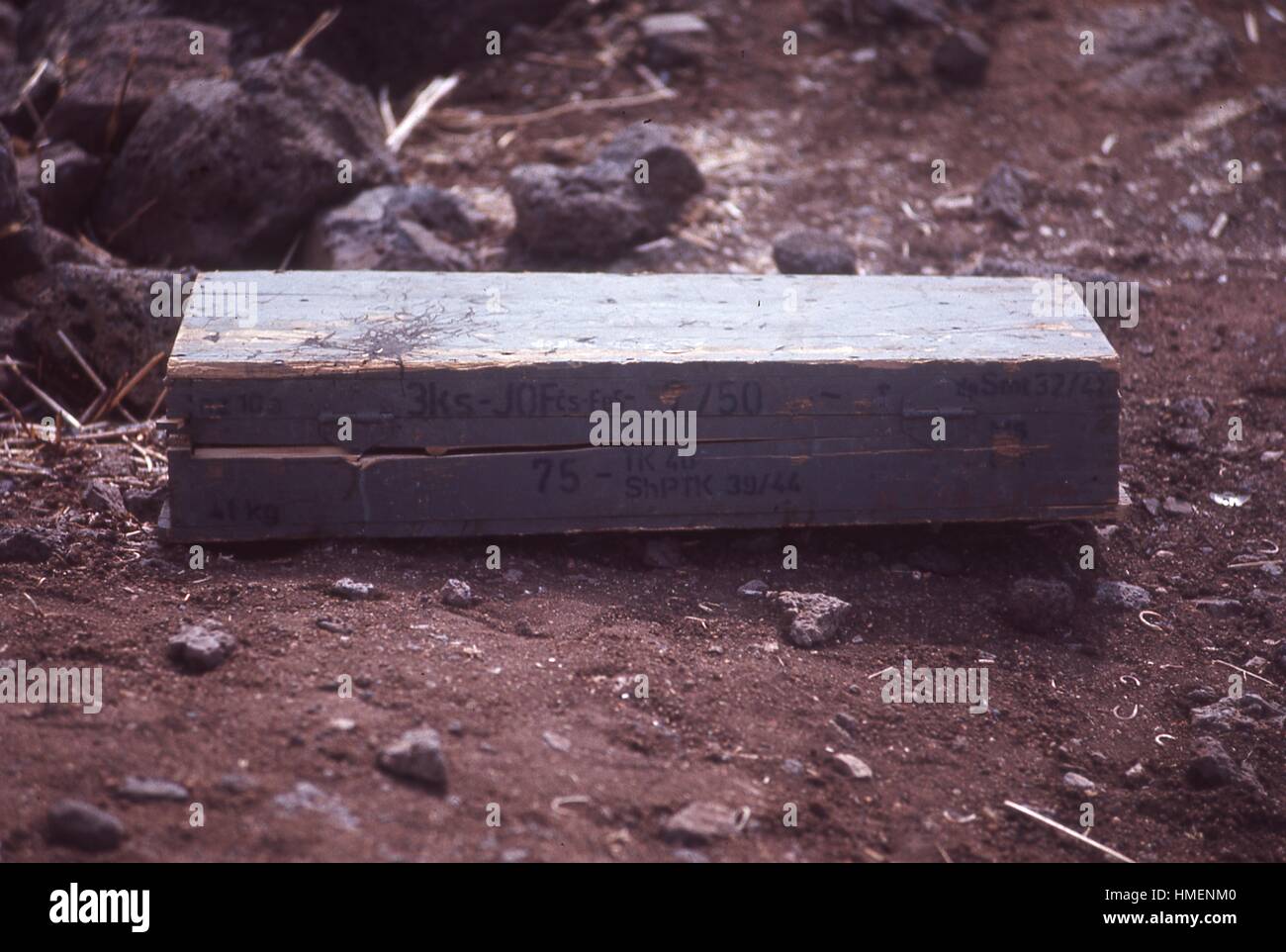Wooden ordnance box on the ground among remnants of the Six Day War in ...