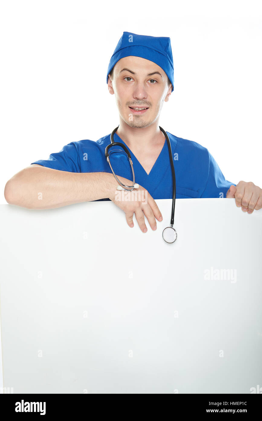 smiling young doctor with big empty board isolated on white Stock Photo ...
