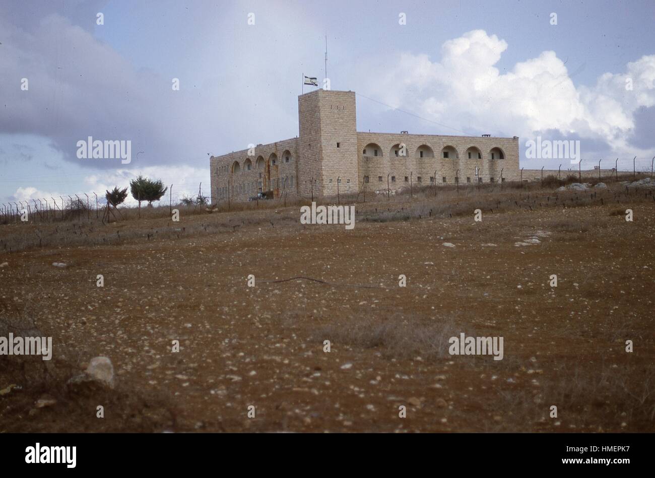 Landscape view from a distance of a stone fortification building with ...