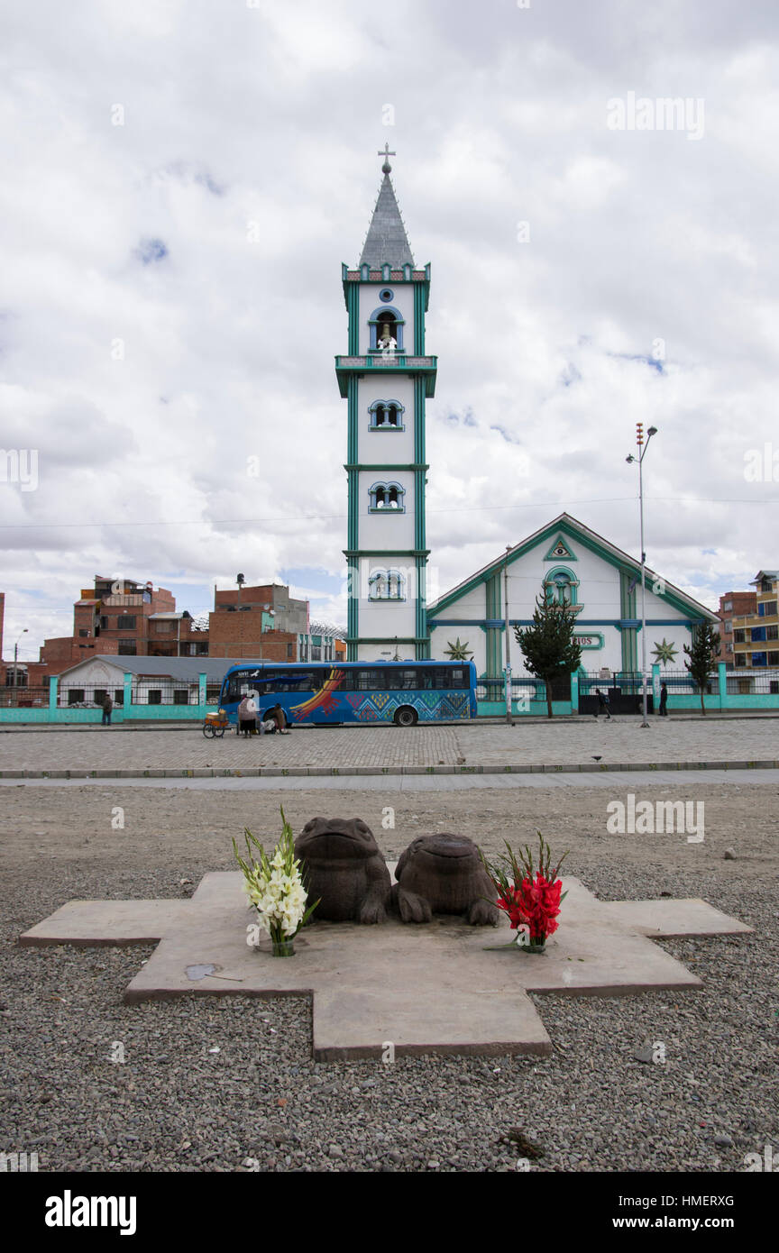 Catholic church in La Paz with frog sculptures in front of it ...