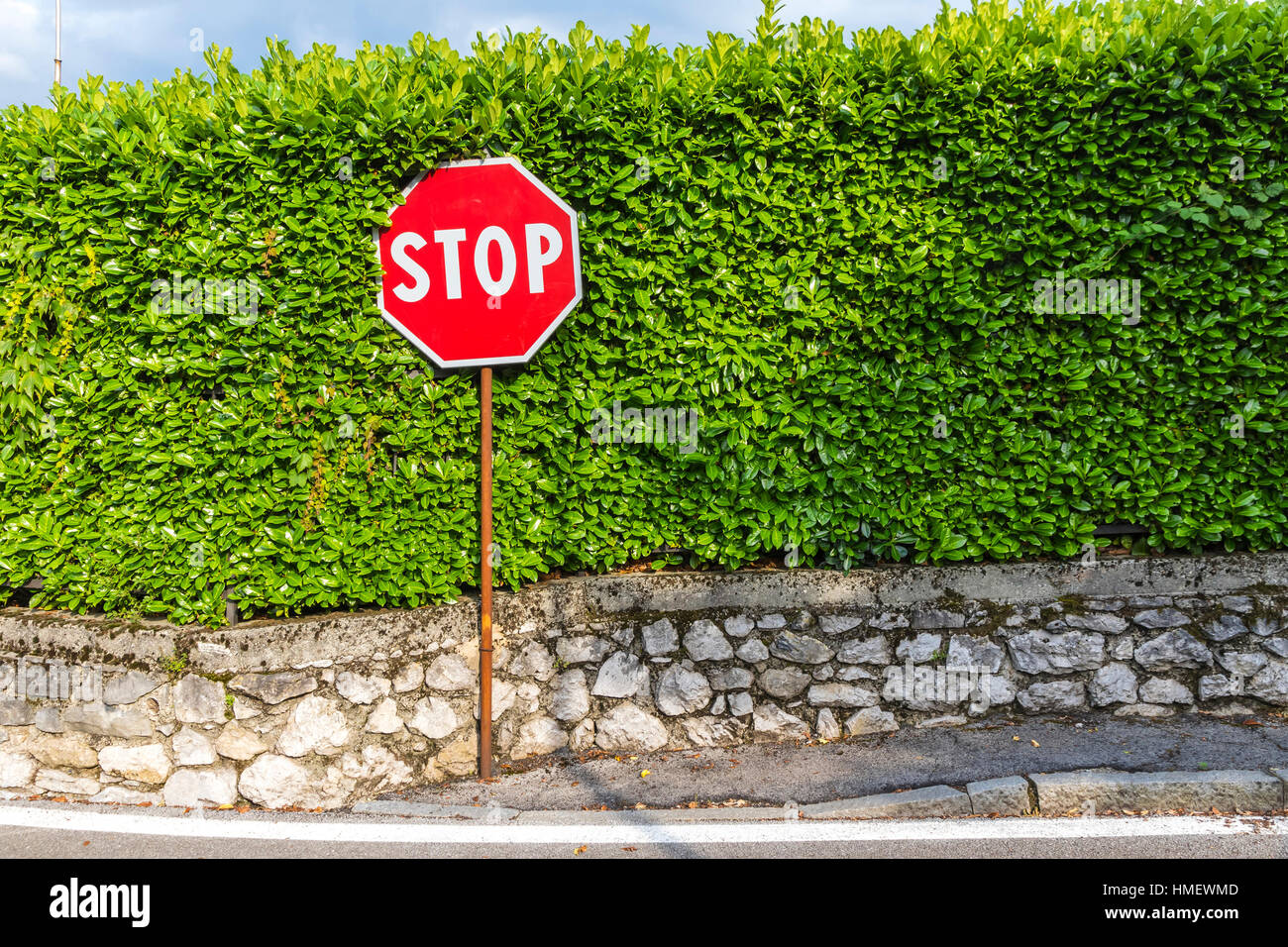 Red hexagonal Stop sign on metal pole in rural road next to crossroad ...