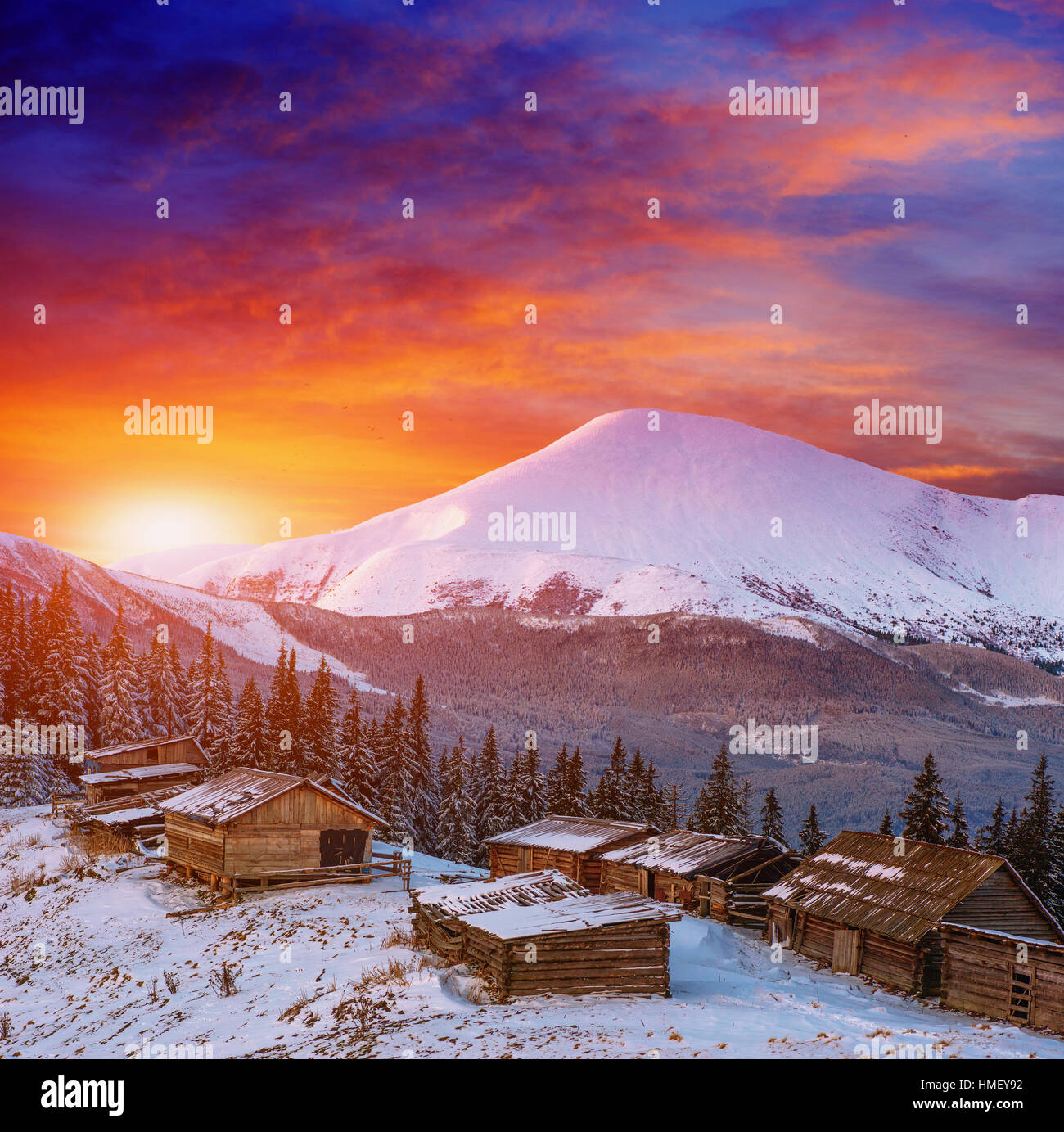 cottage in snowy mountains Stock Photo - Alamy