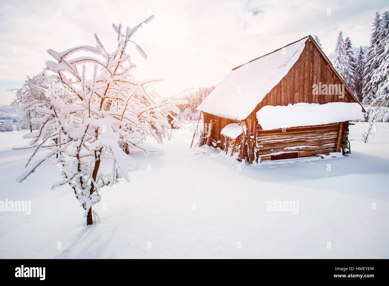 beautiful wooden house in a winter Stock Photo - Alamy