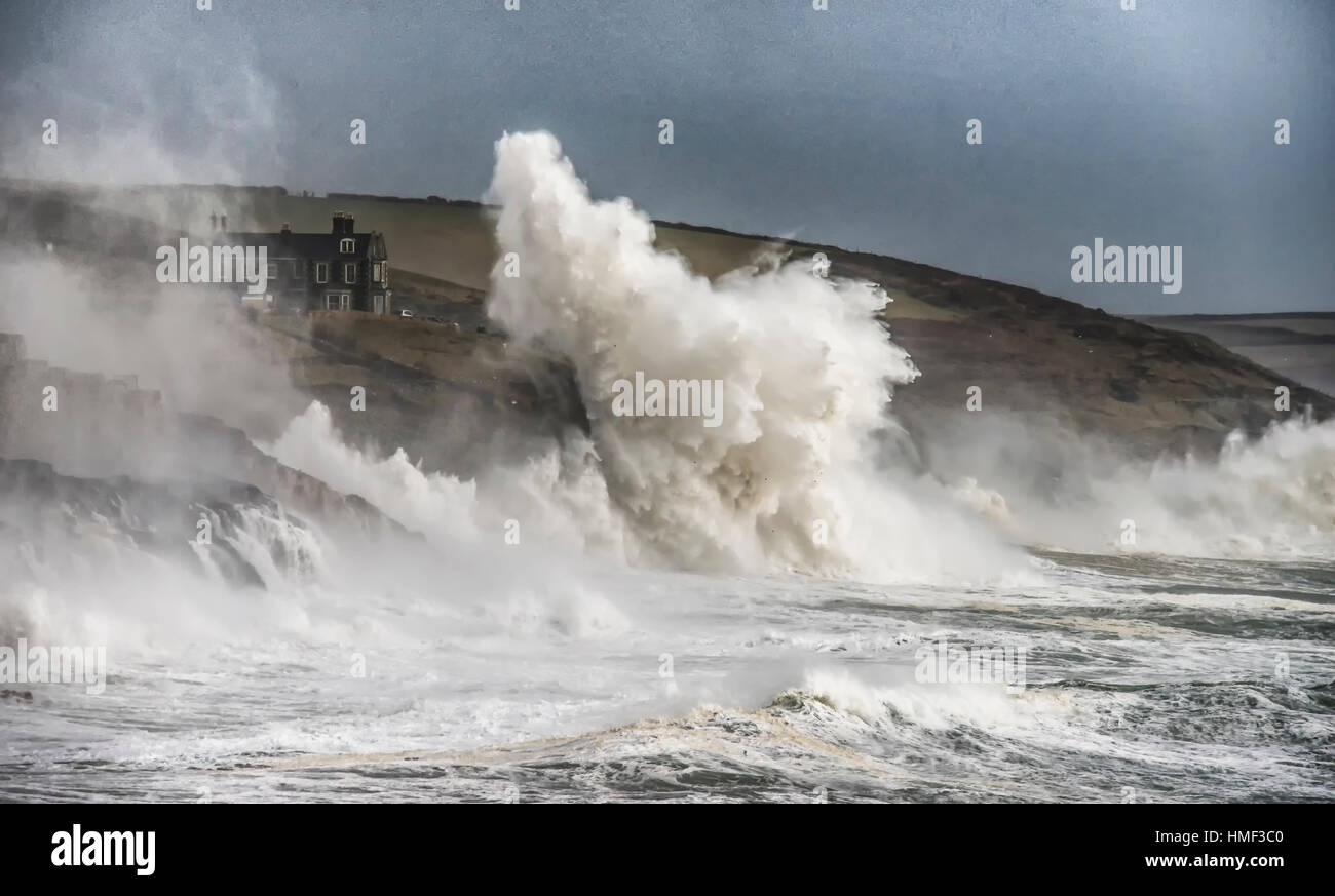Porthleven Harbour,Storm in Cornwall with Large waves hitting the ...
