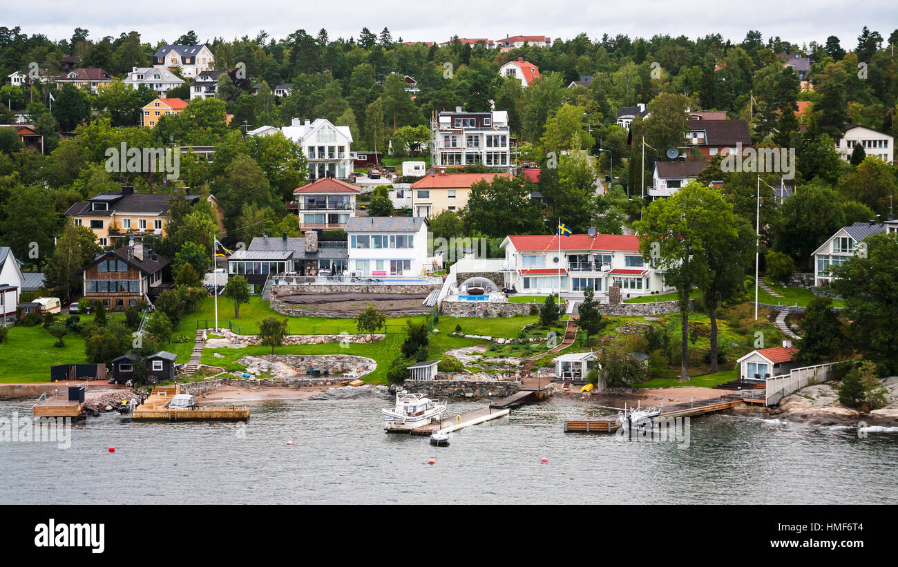 above view of village in green forest in suburbs of Stockholm city on ...