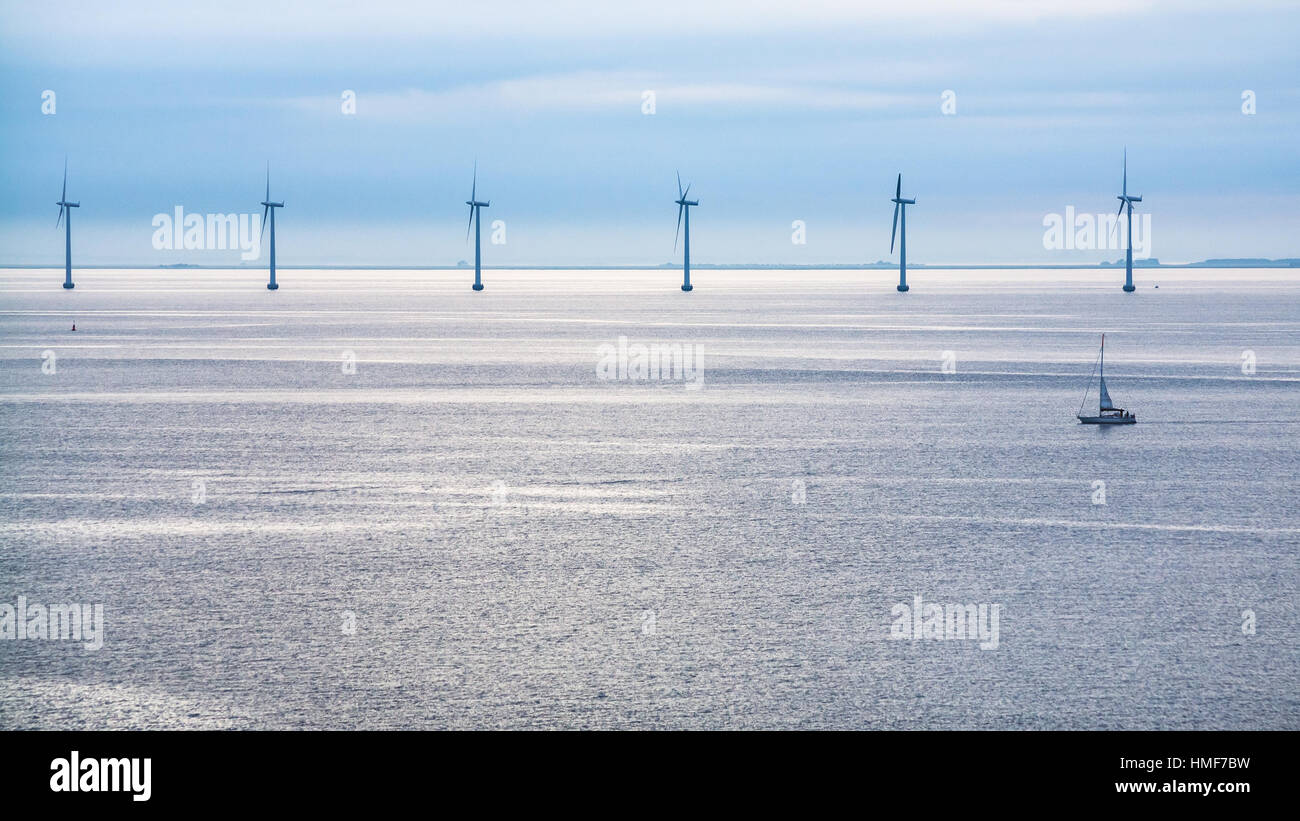 Travel to Denmark - calm surface of Baltic Sea with offshore wind farm ...