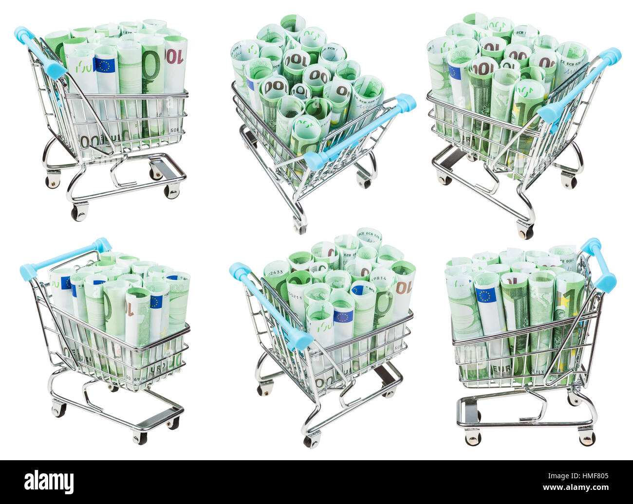set from shopping carts with rolls from euro banknotes isolated on ...
