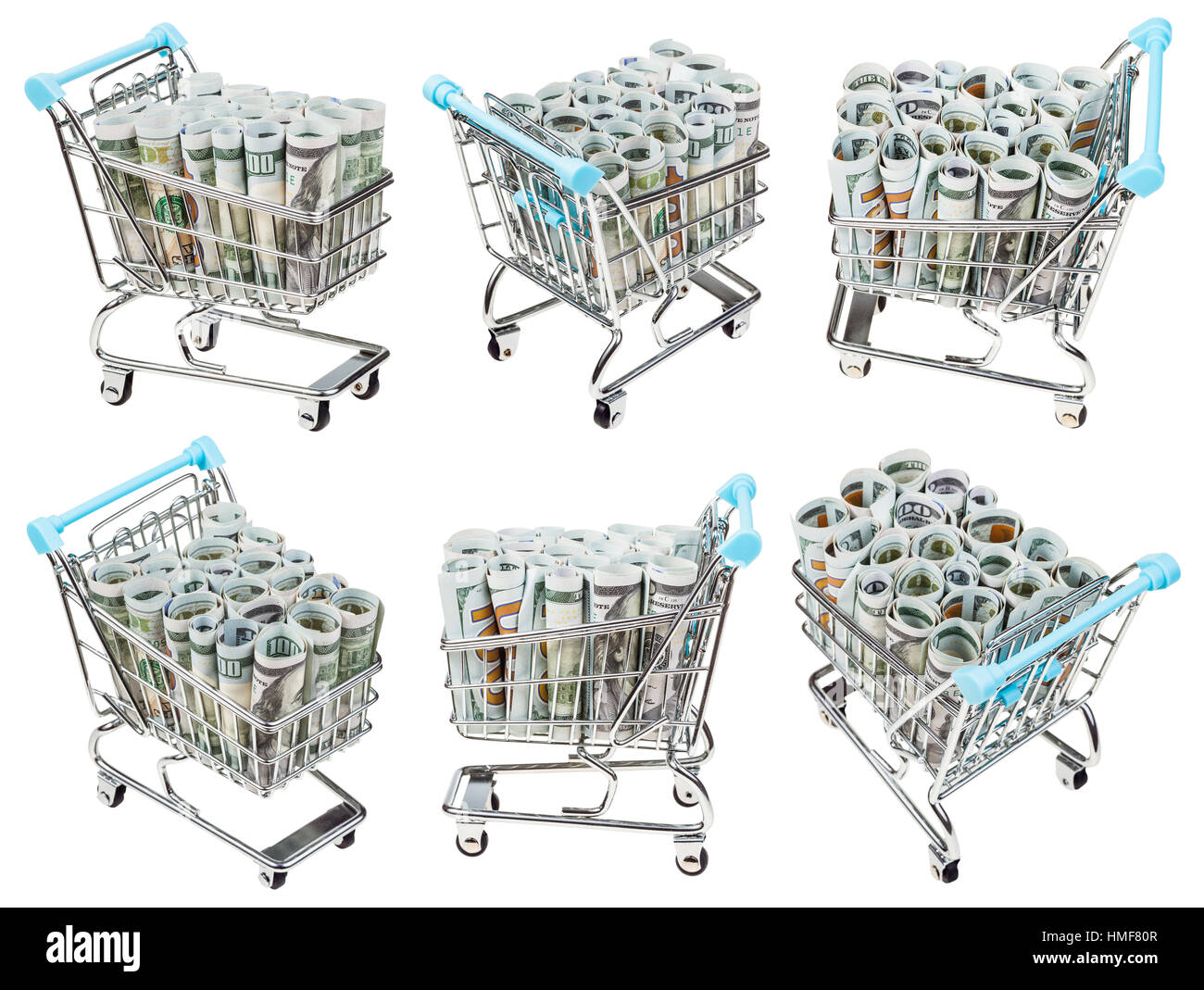 set from shopping carts with rolls from dollar banknotes isolated on ...