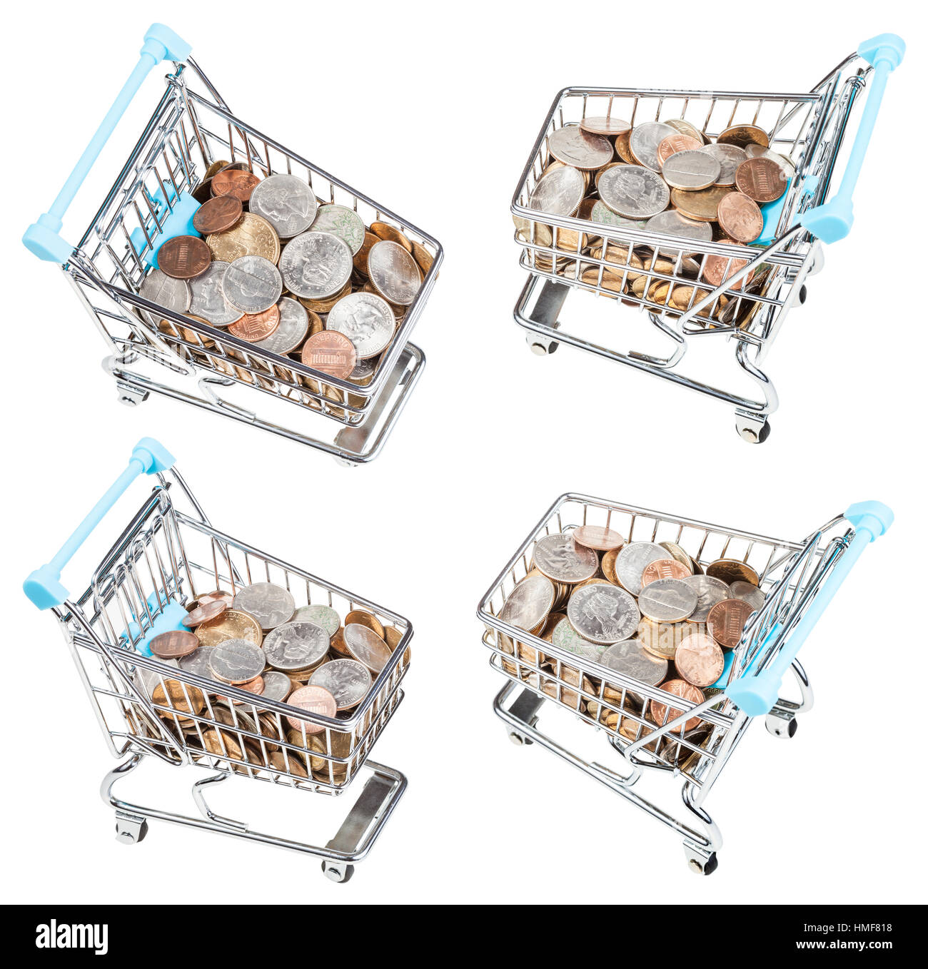 set from shopping carts with US coins isolated on white background ...