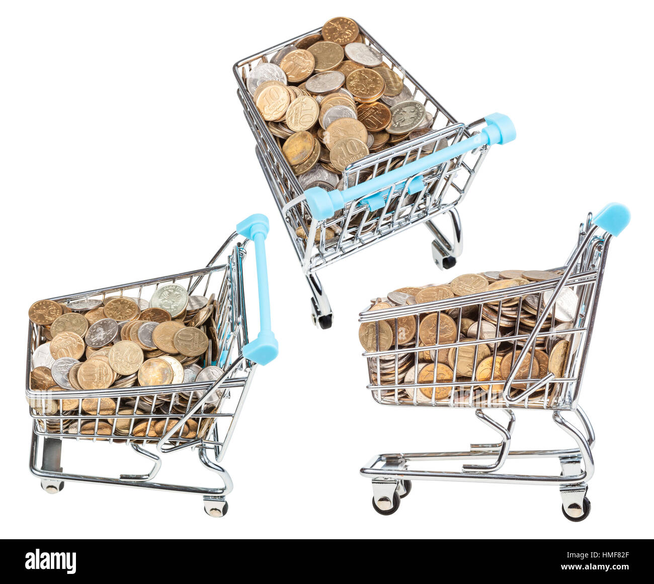 set from shopping carts with russian coins isolated on white background ...