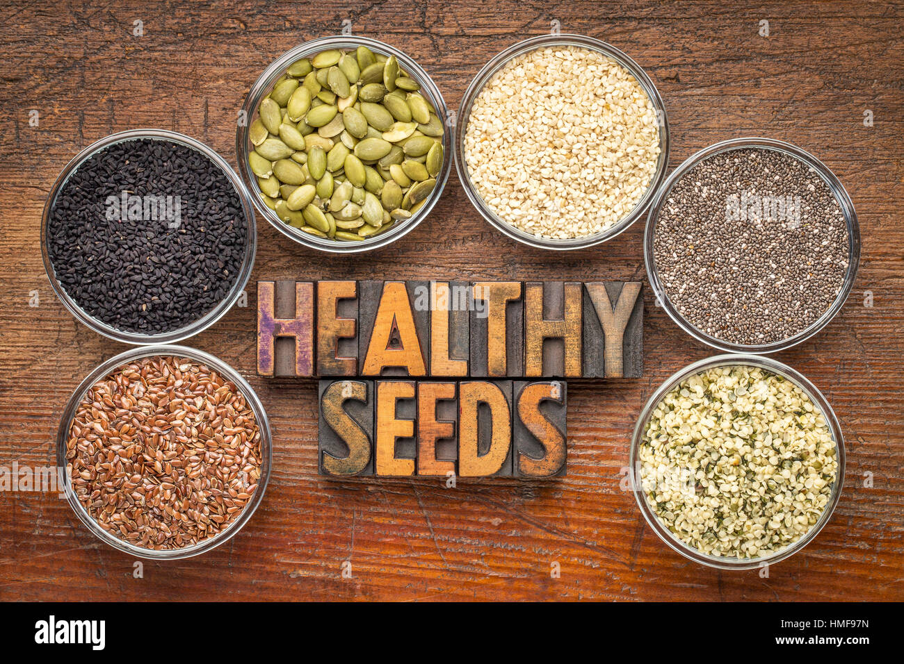 healthy seed collection (chia, hemp hearts, brown flax, pumpkin, black ...
