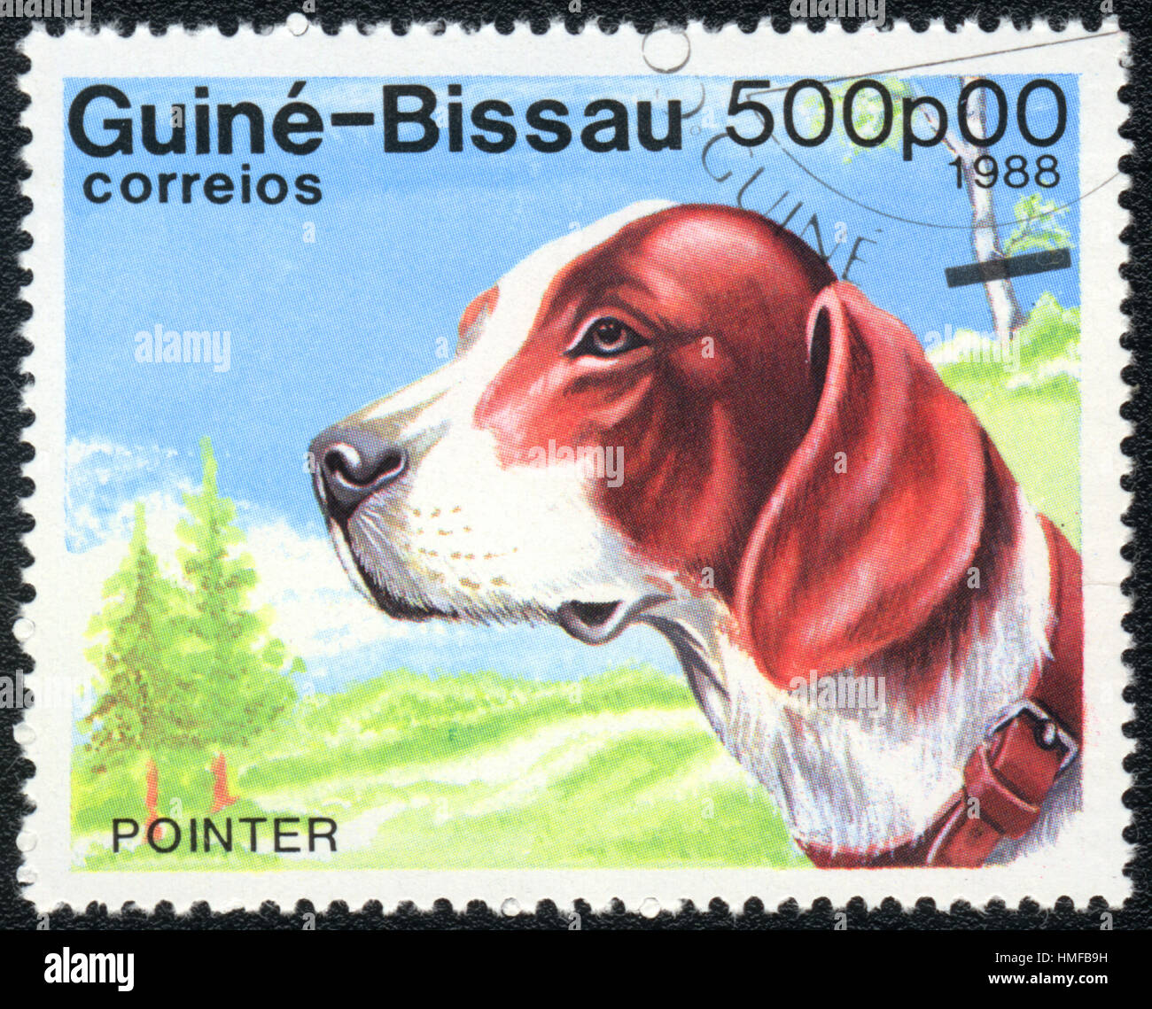 A postage stamp printed in Guinea-Bissau shows a dog Pointer, from ...