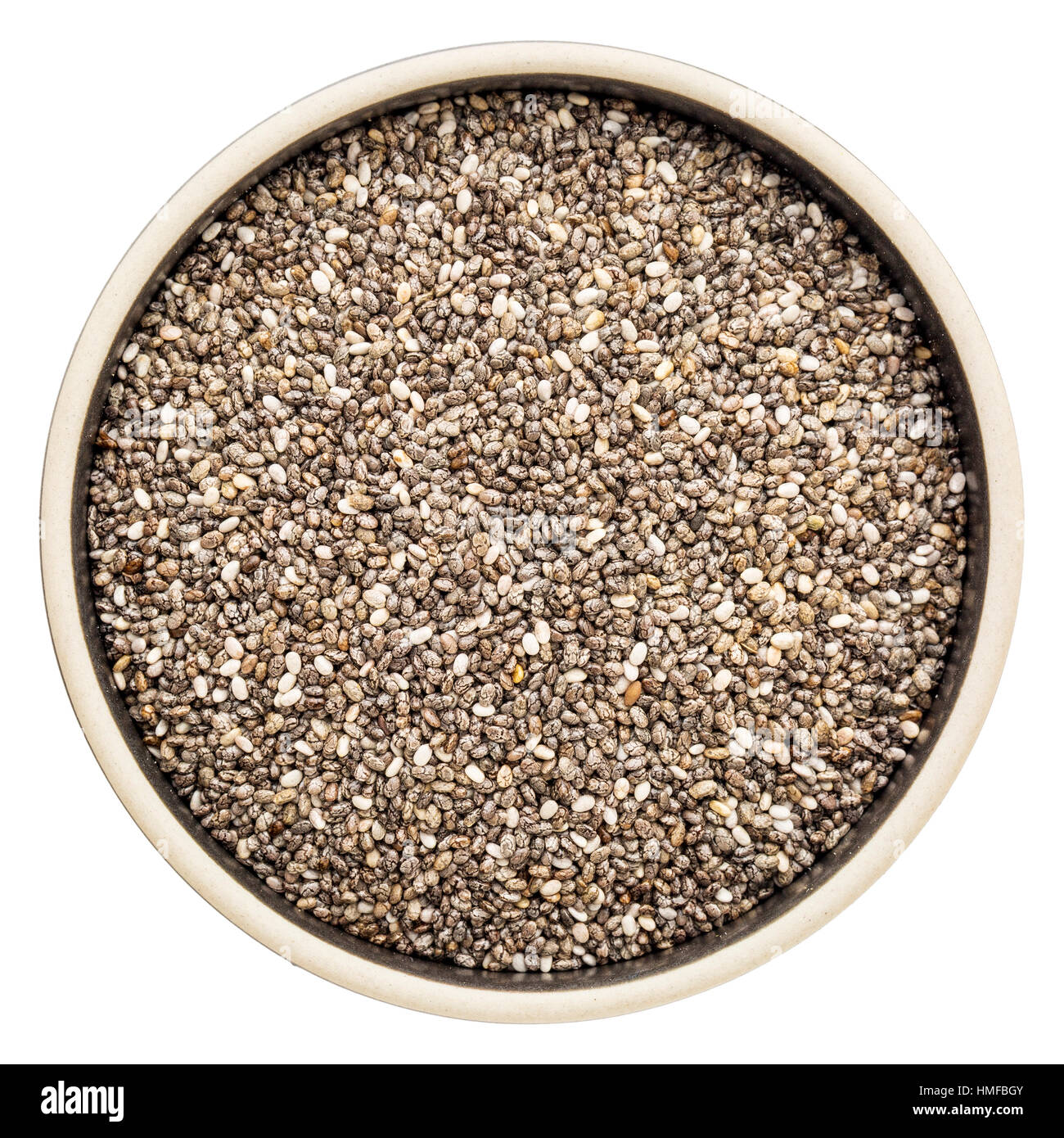 chia seeds (Salvia Hispanica) in a round ceramic bowl isolated on white ...