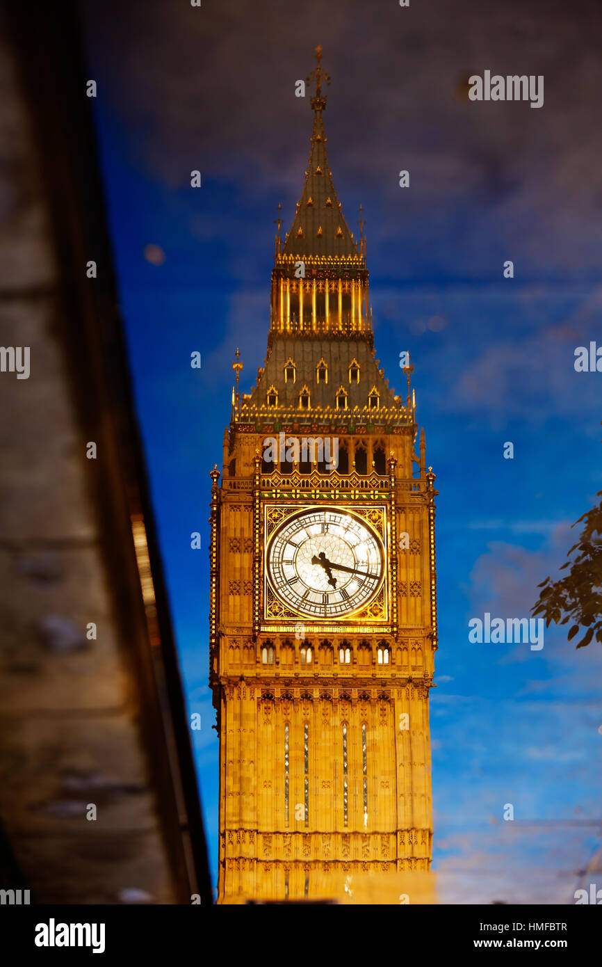 Big Ben Clock Tower puddle water reflection in London England Stock ...