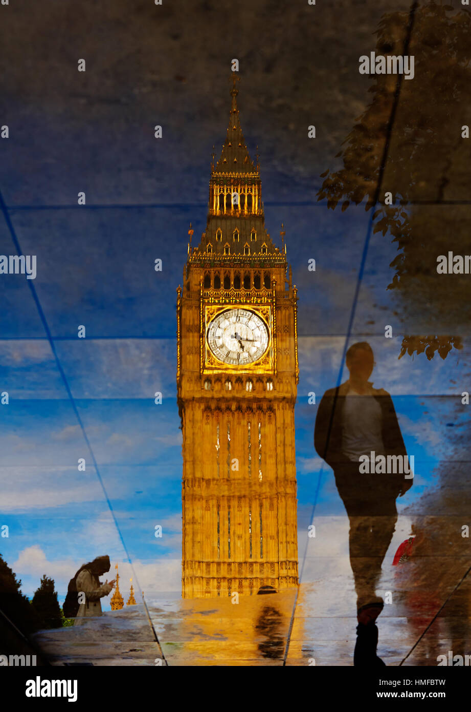Big Ben Clock Tower puddle water reflection in London England Stock ...