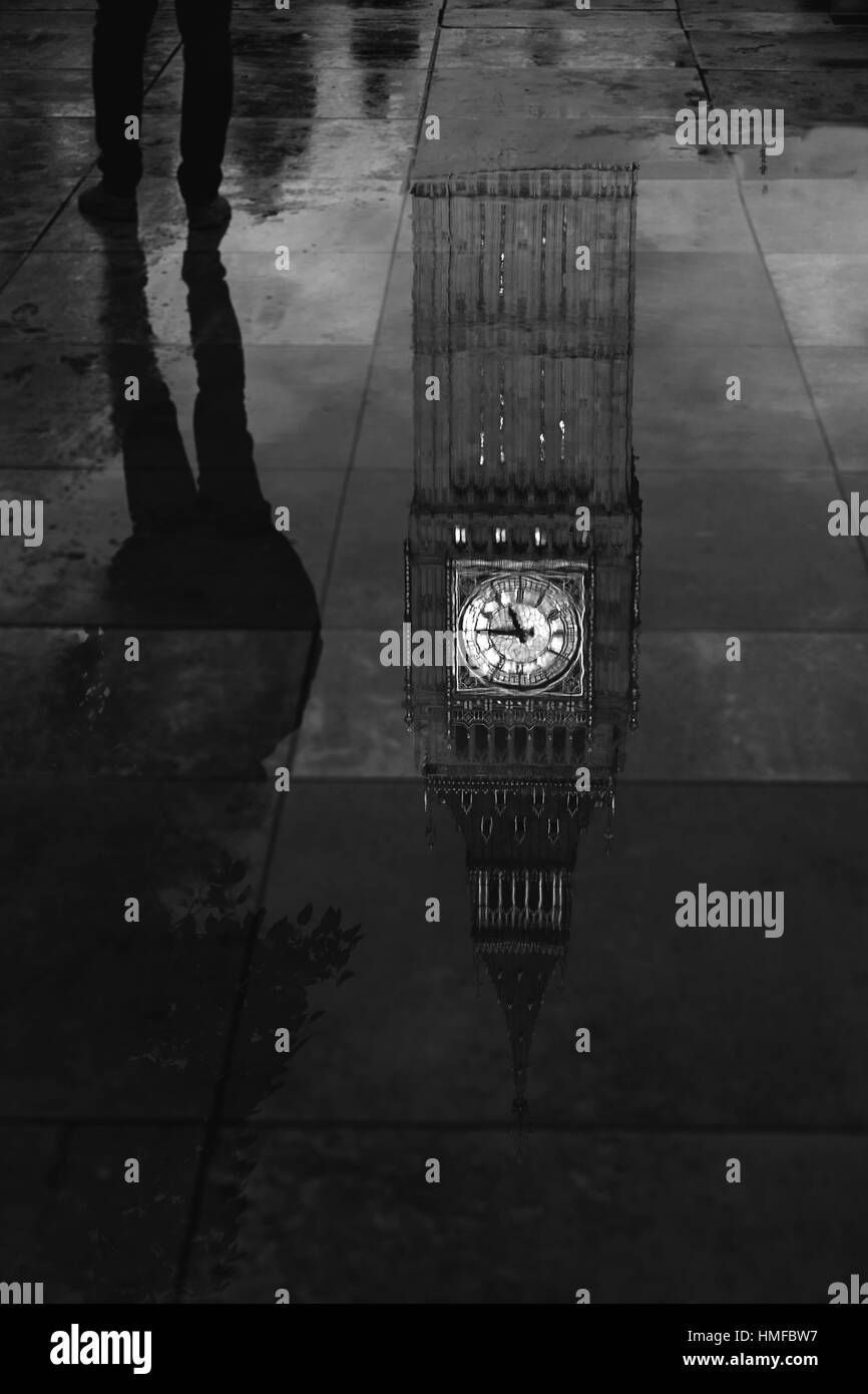 Big Ben Clock Tower puddle water reflection in London England Stock ...