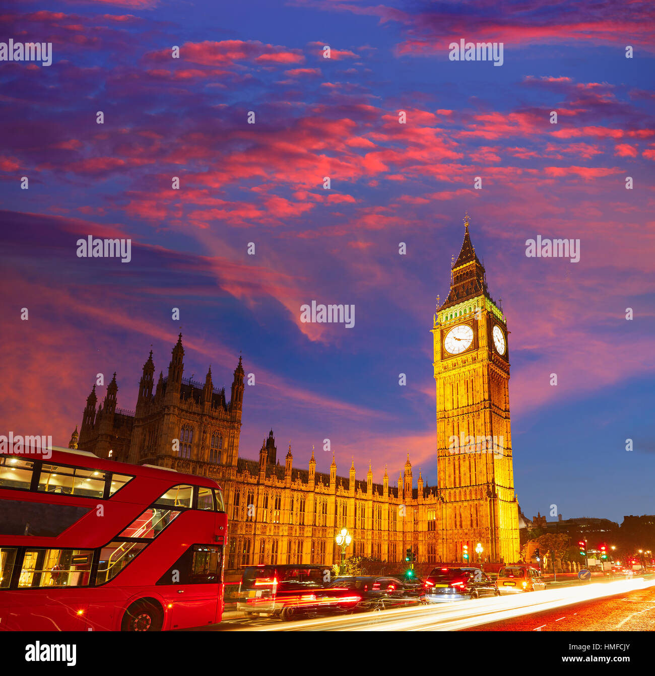 Big Ben Clock Tower with London Bus sunset in England Stock Photo - Alamy