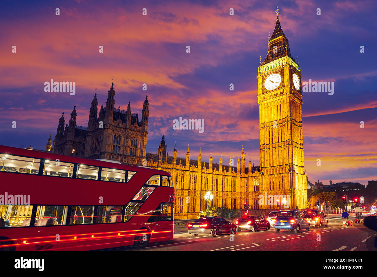 Big Ben Clock Tower with London Bus sunset in England Stock Photo - Alamy