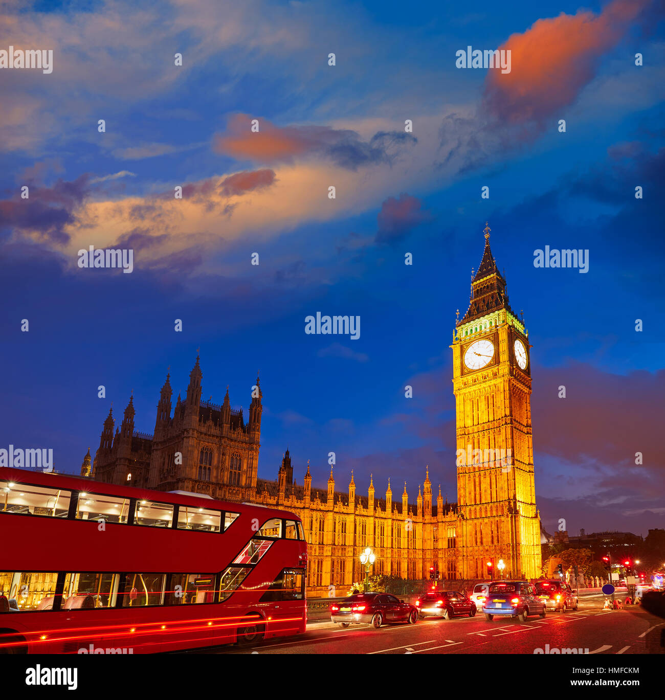 Big Ben Clock Tower with London Bus sunset in England Stock Photo - Alamy