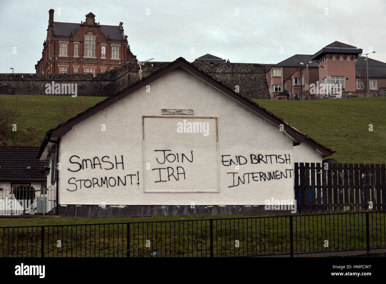Dissident Irish Republican graffiti on gable wall of house in the ...