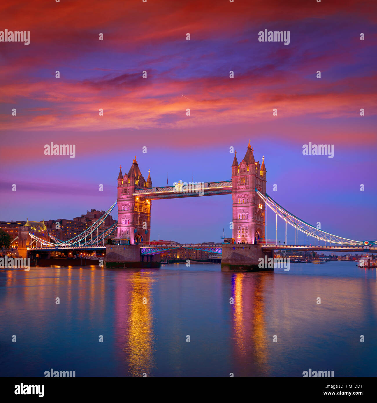 London Tower Bridge sunset on Thames river in England Stock Photo - Alamy