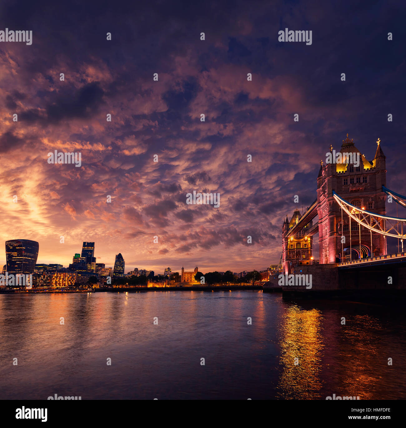 London Tower Bridge sunset on Thames river in England Stock Photo - Alamy