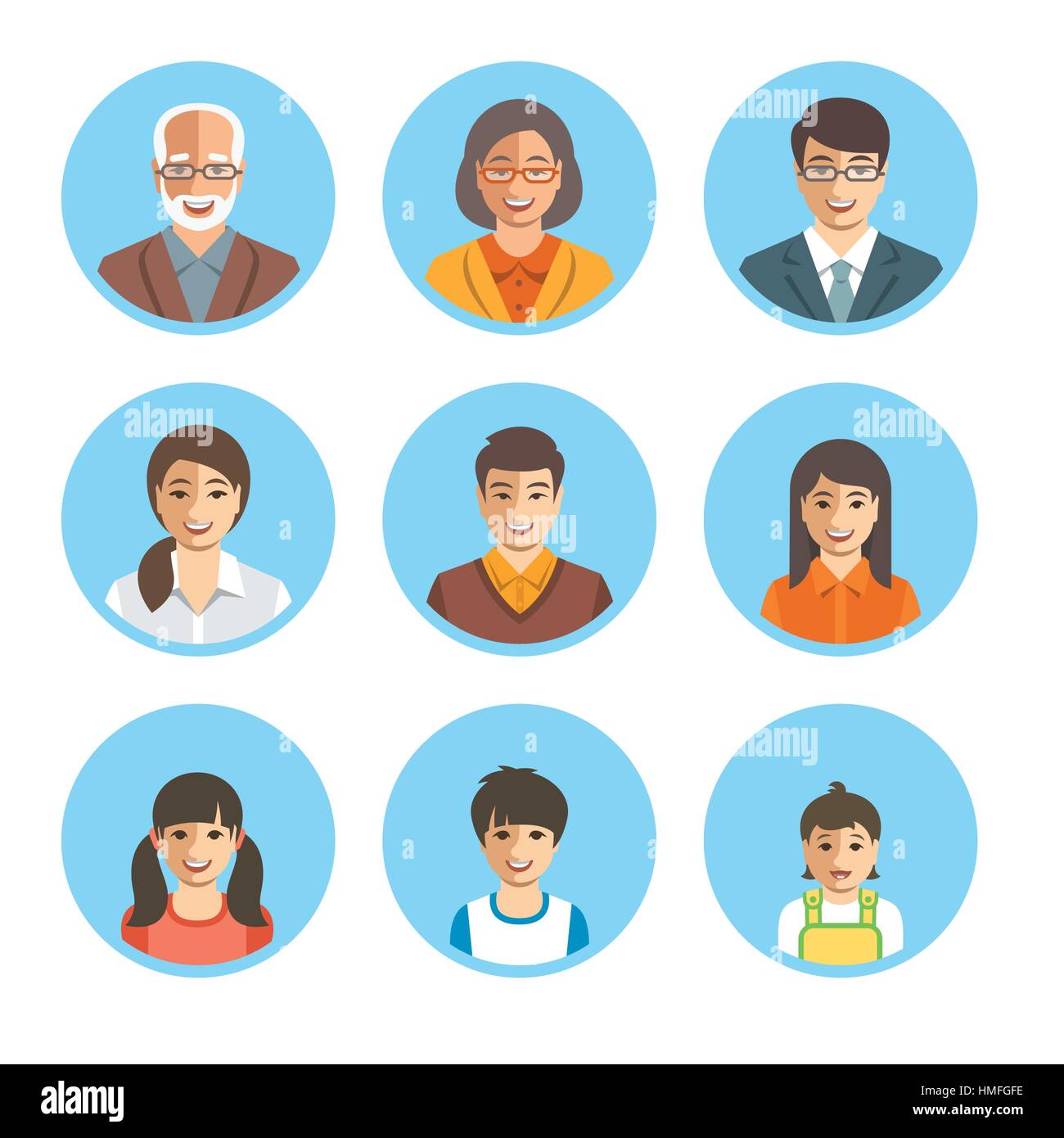 Asian family happy faces. Vector flat avatars. People generation simple ...