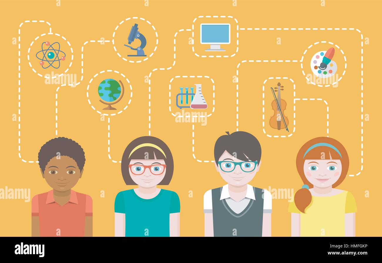 Modern flat conceptual banner of group of kids with icons of different ...