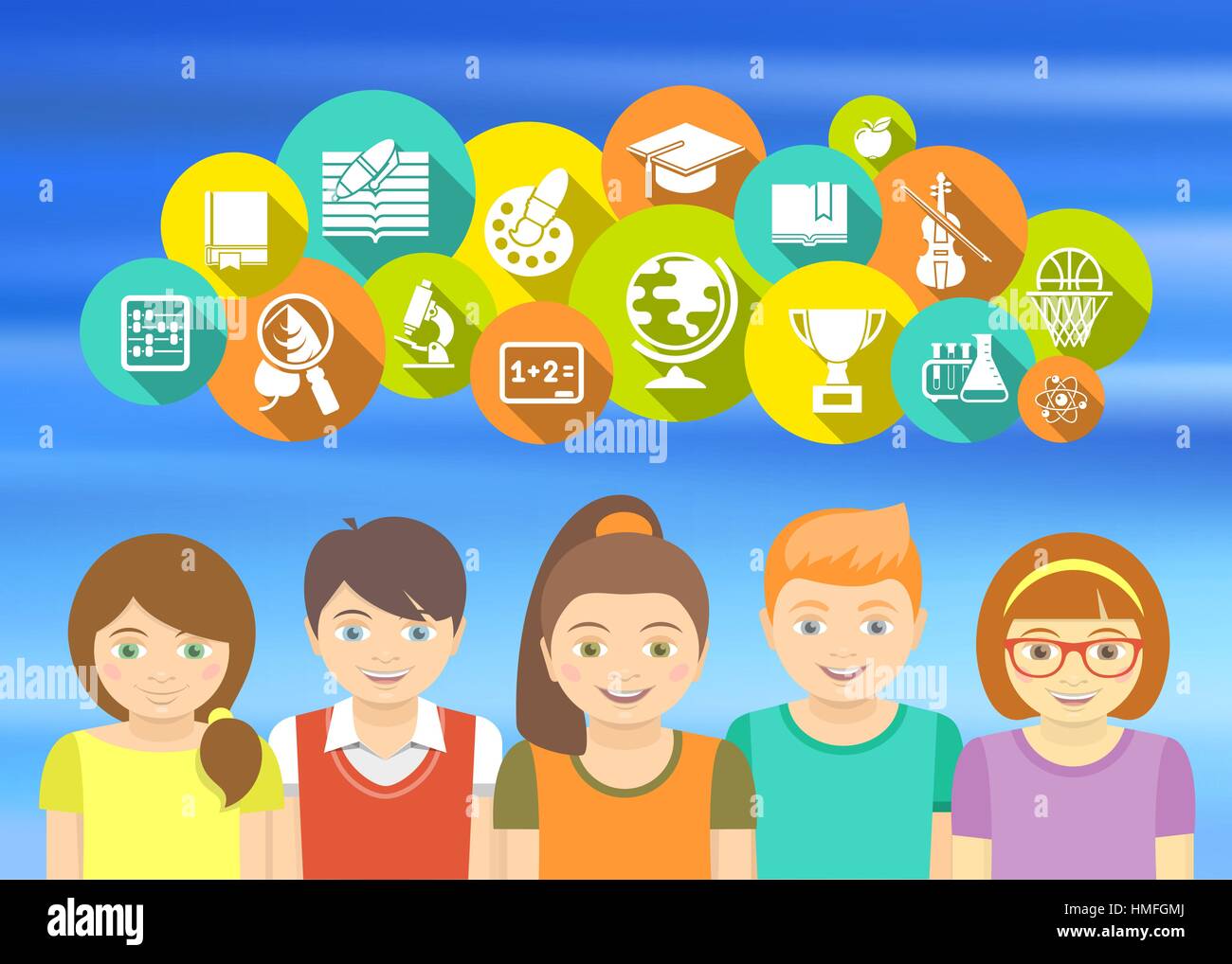 Horizontal flat colorful vector illustration with a group of excited ...