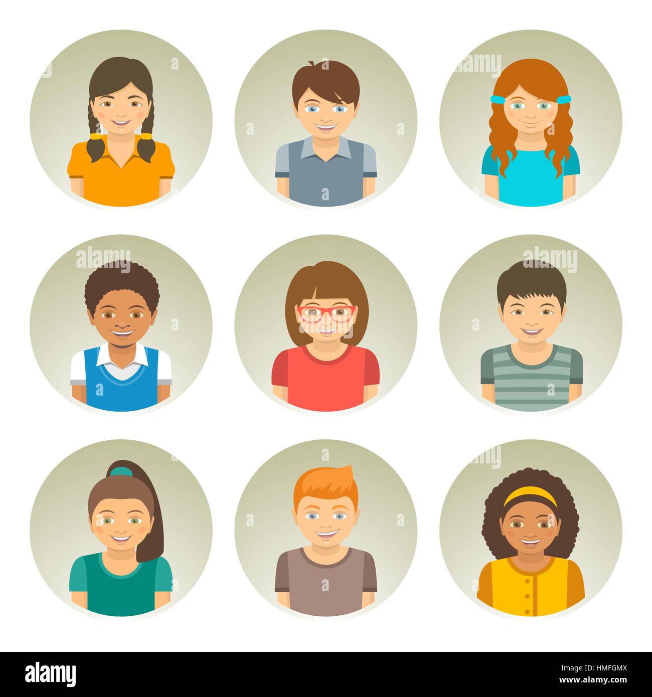 Kids of different races round flat vector avatars. Happy smiling ...