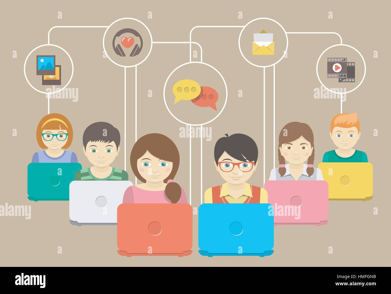 Conceptual flat vector illustration of kids with laptops sharing ...