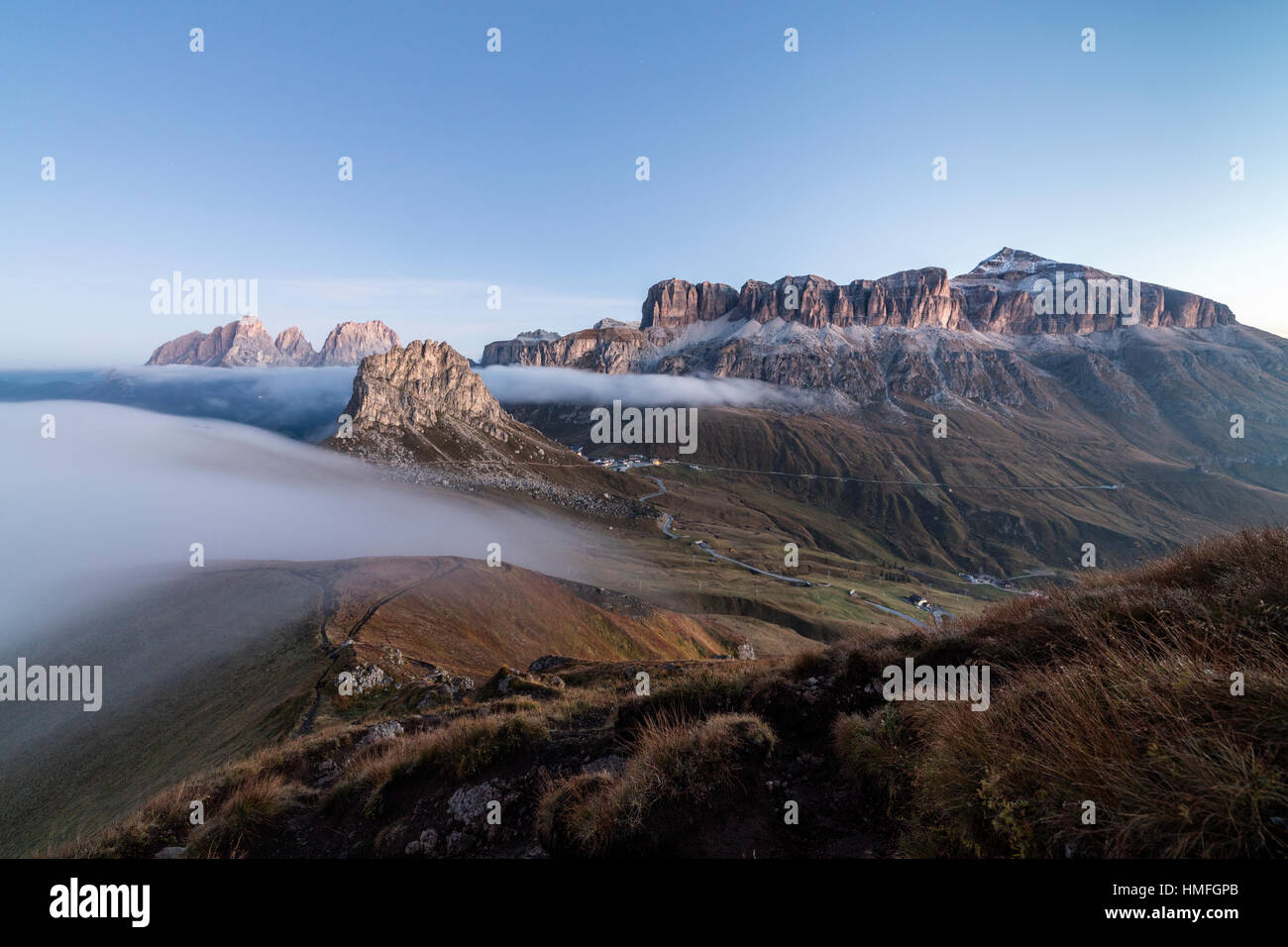 Piz Boa Sassolungo and Sass Beca shrouded in morning fog Cima Belvedere ...