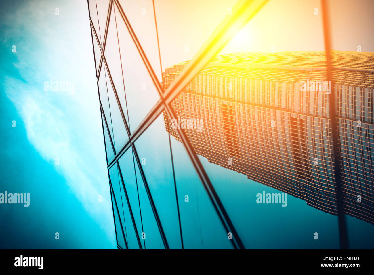 Modern office building with sun ray reflection from corner Stock Photo ...