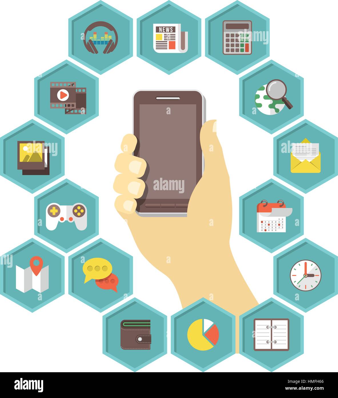 Conceptual illustration of a tablet with icons of different types of ...