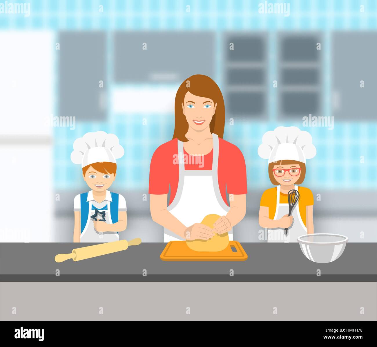 Mother and kids bake together at a kitchen. Mom kneads pastry, happy ...