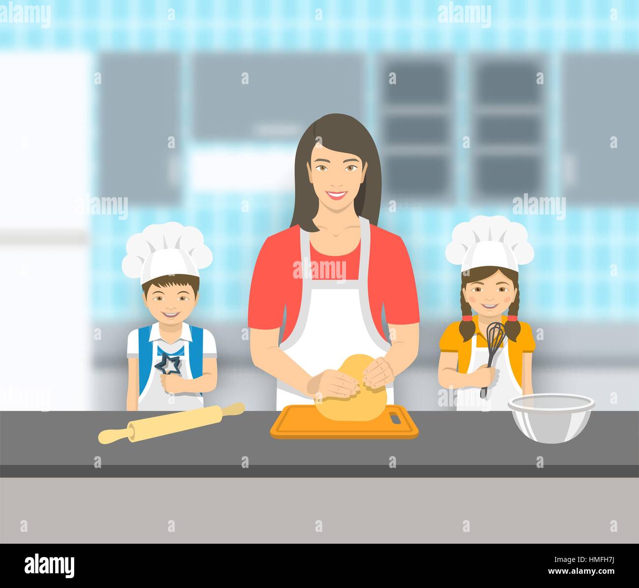 Mother and kids bake together at kitchen. Mom kneads pastry, happy ...