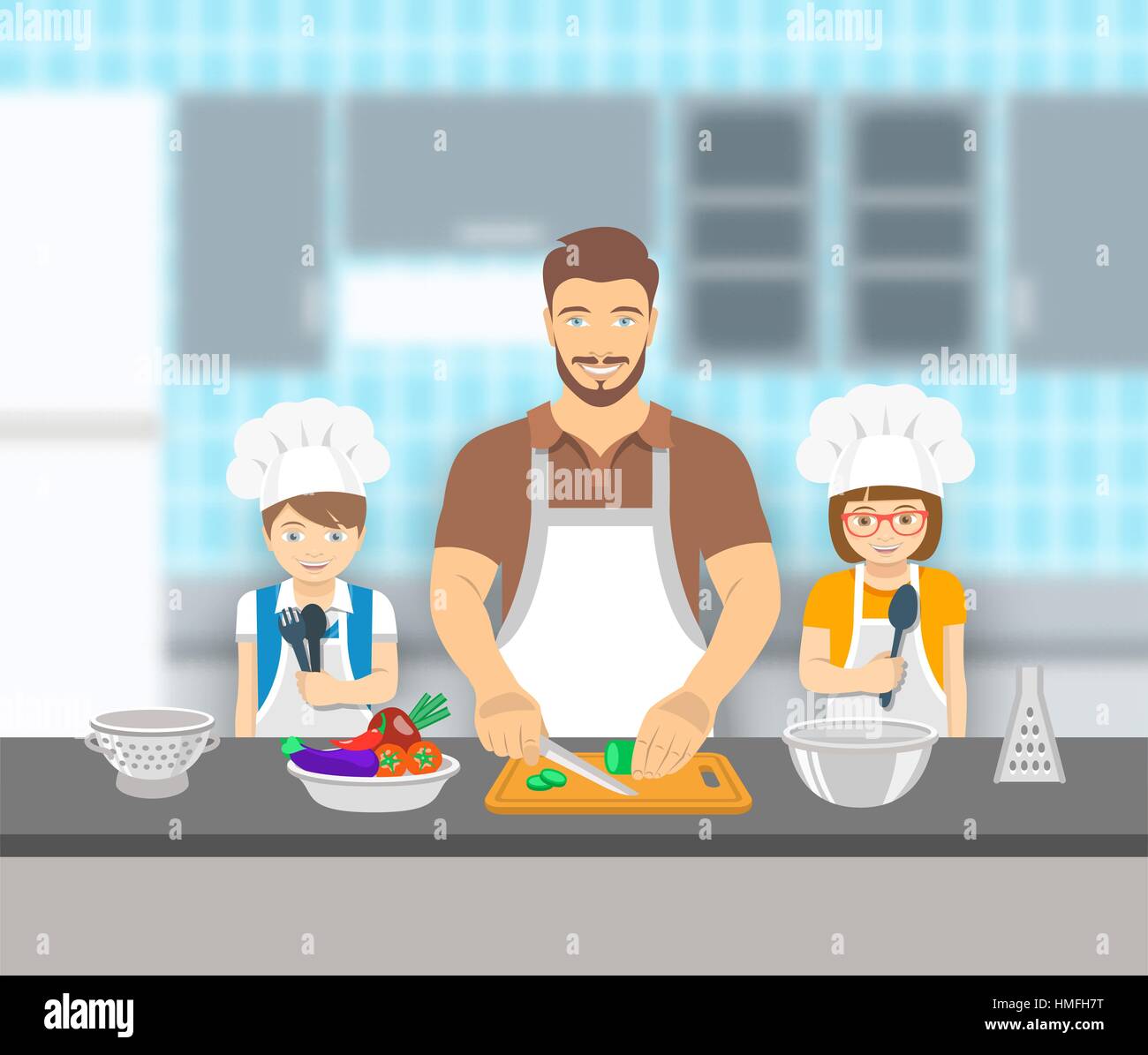 Father and kids cooking together at a kitchen. Dad cuts vegetables for ...